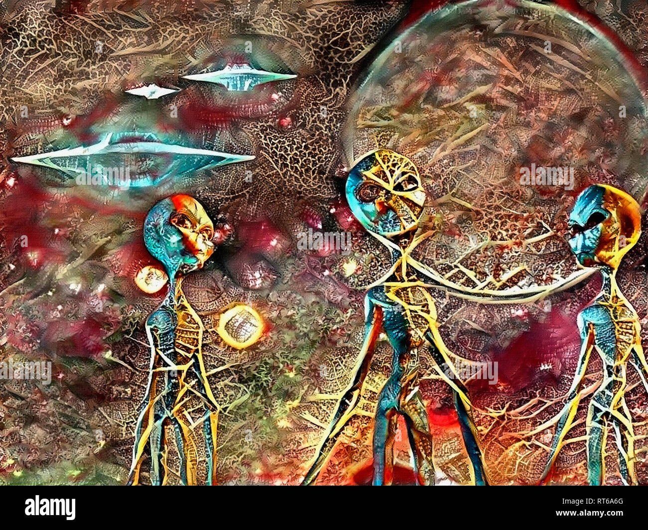 Surreal painting of three aliens and flying saucers in the sky Stock ...