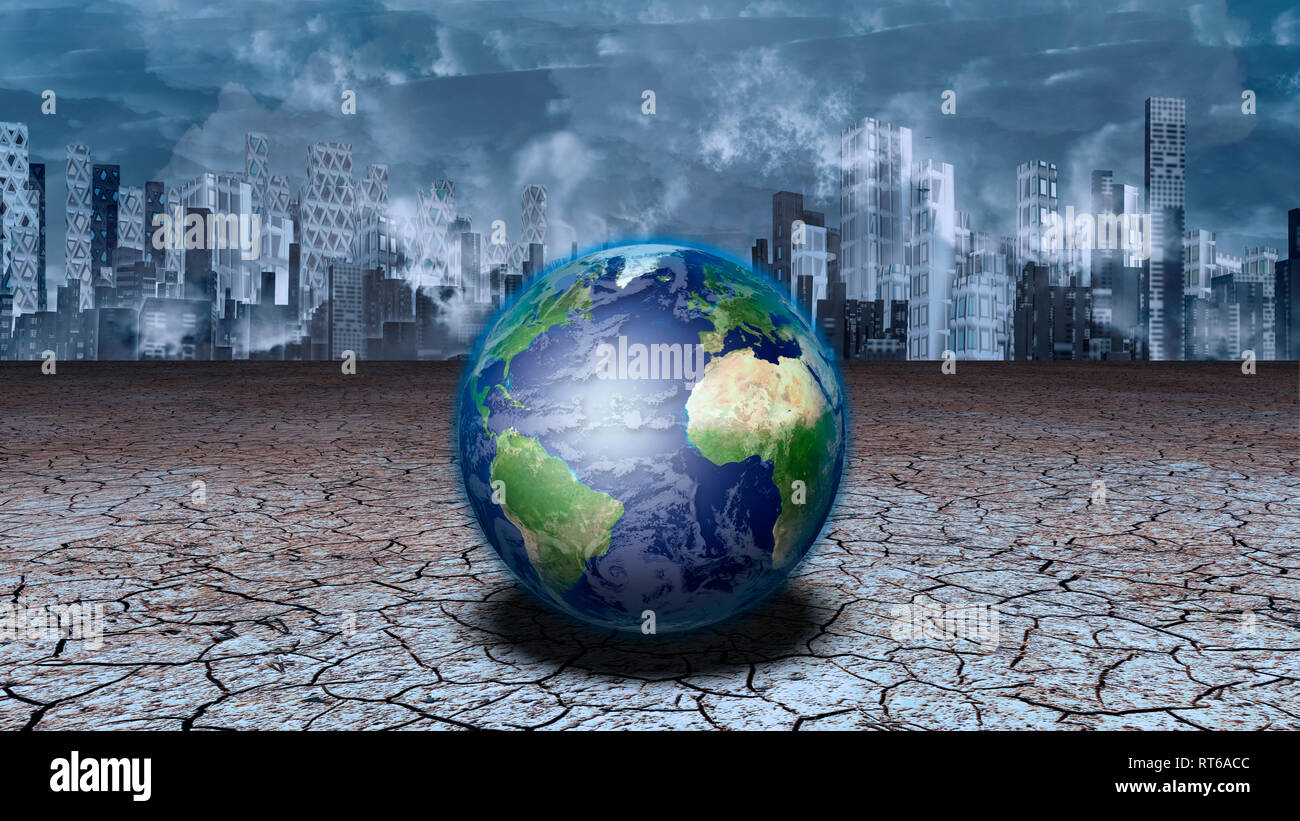 Planet Earth in dried cracked mud before metropolis Stock Photo - Alamy