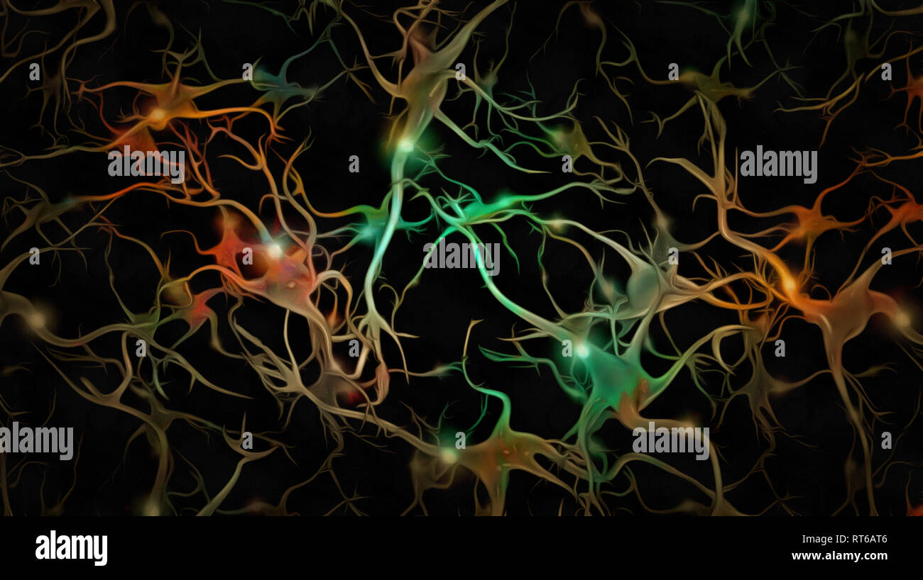 Brain Neurons and glowing nodes. Vivid painting Stock Photo - Alamy