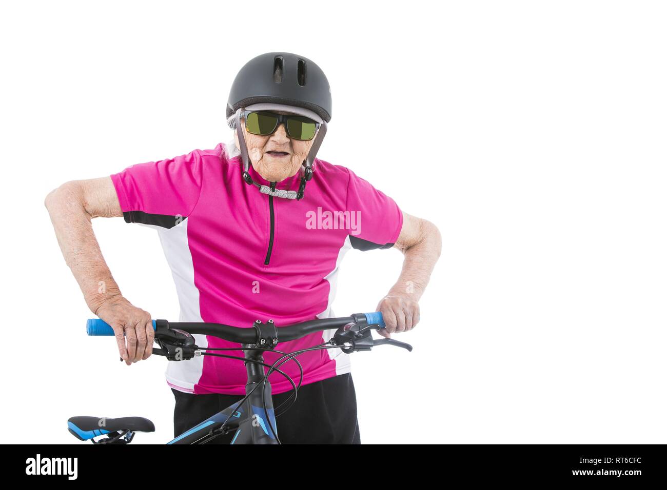 Old biker woman in a helmet Stock Photo - Alamy