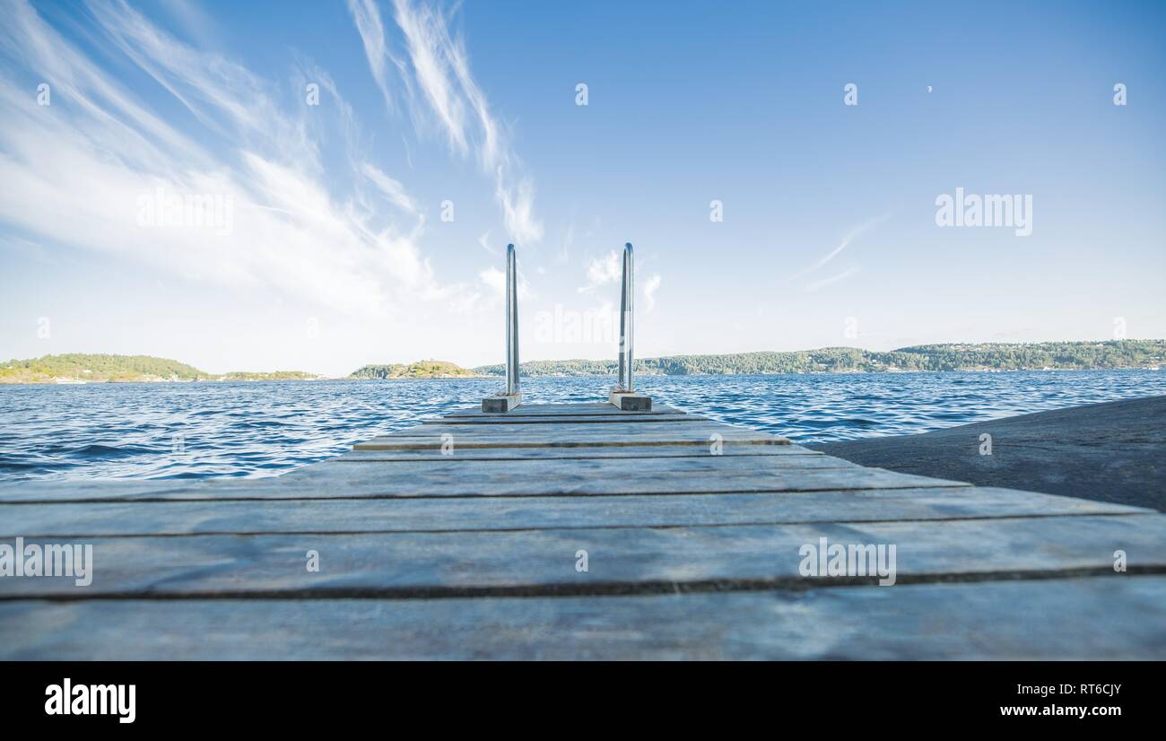 wooden pier, blue water and clear sky in the summer Stock Photo - Alamy