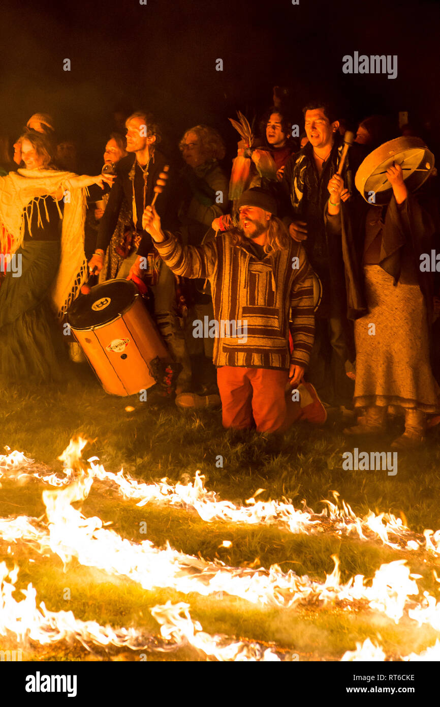 Crowd watching fire show at Beltane Fire Festival, Sussex, UK Stock ...
