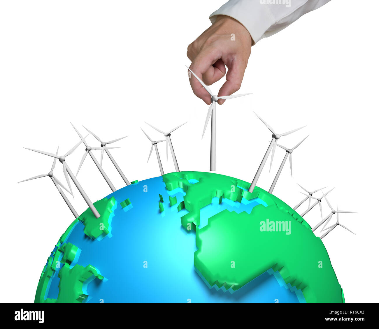 Human hand holding wind turbine on globe, isolated on white background ...