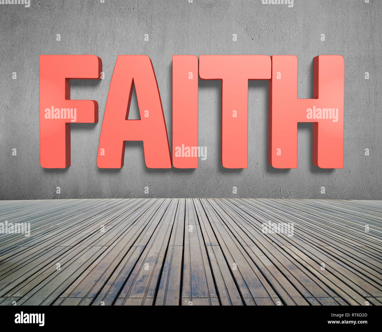 Faith red word on concrete wall with wooden floor indoors background ...