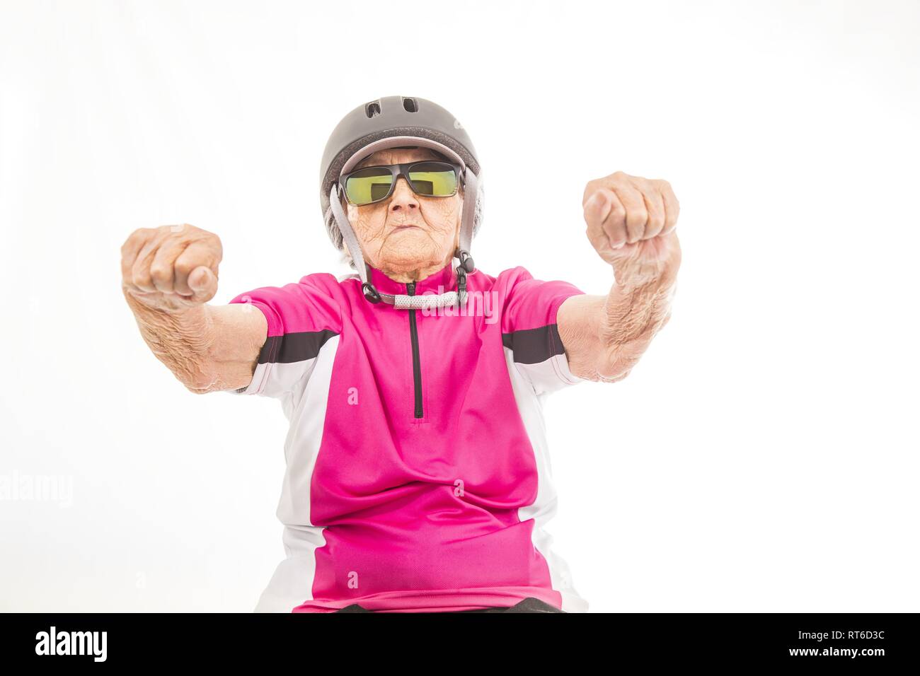 Old biker woman in a helmet Stock Photo - Alamy