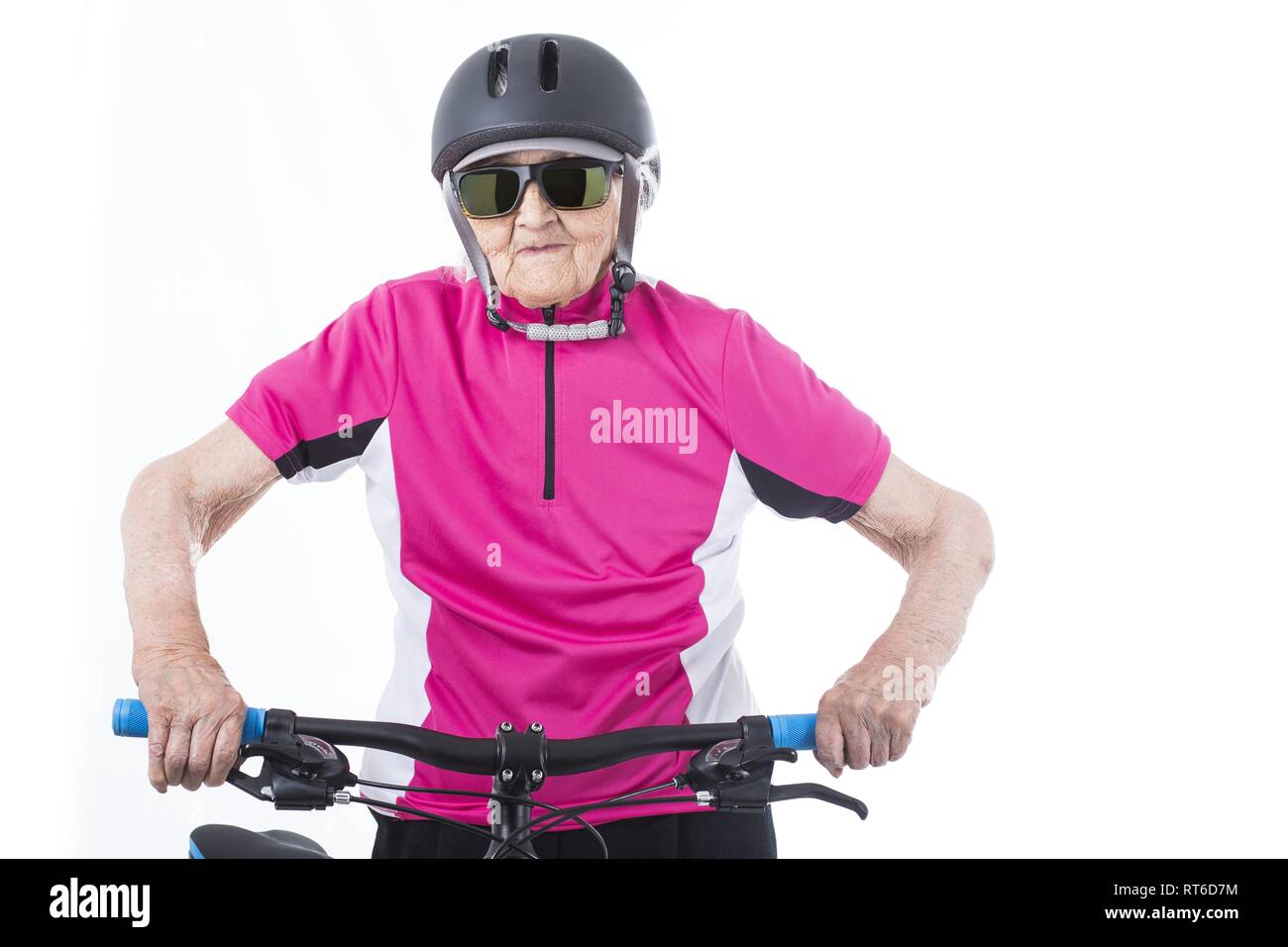 Old biker woman in a helmet Stock Photo - Alamy