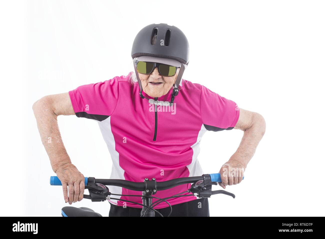 Old biker woman in a helmet Stock Photo - Alamy