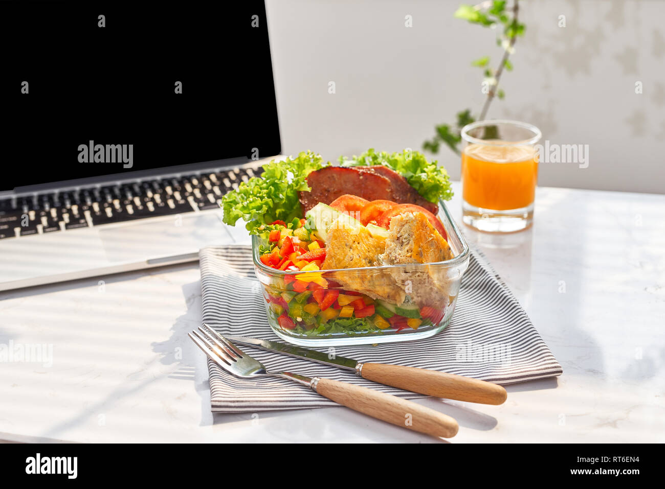 Lunch box on work place of working desk ,Healthy eating clean food ...