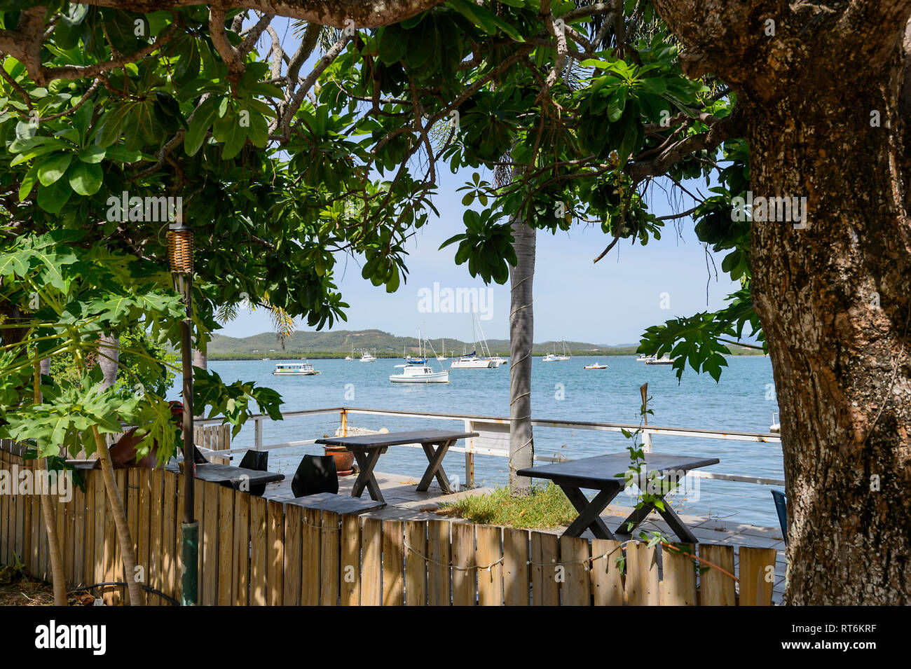 Café with a terrace overlooking the sea on the foreshore, Cooktown, Far ...