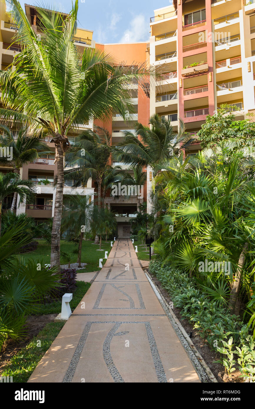 A walking path with garden and palm trees at a high end Mexican resort ...