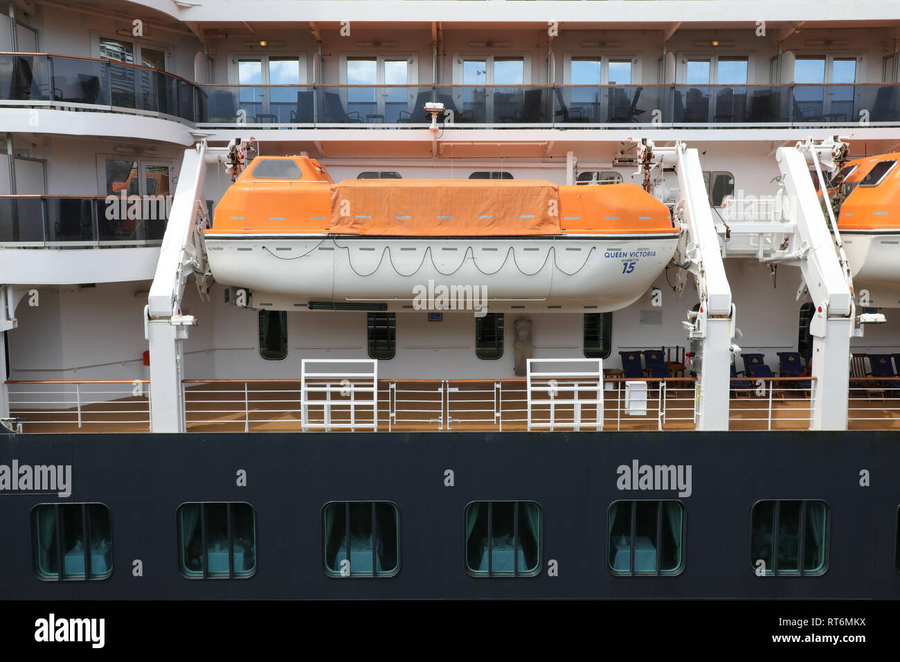 Cunard Line Queen Victoria cruise ship moored at the Overseas Passenger ...