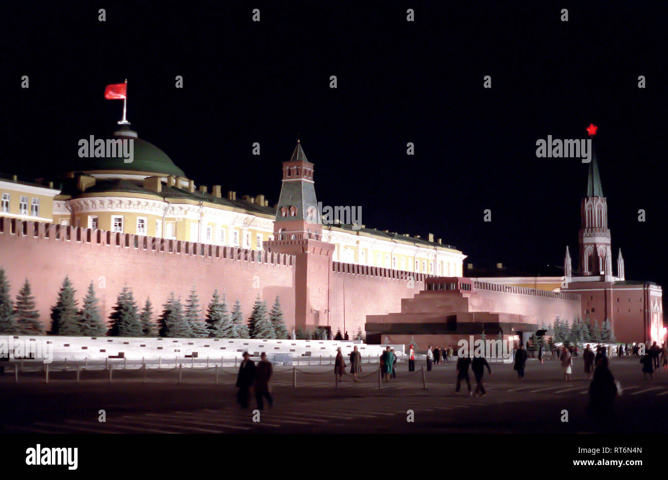 A nighttime view in Red Square showing the Lenin Mausoleum. Behind the ...