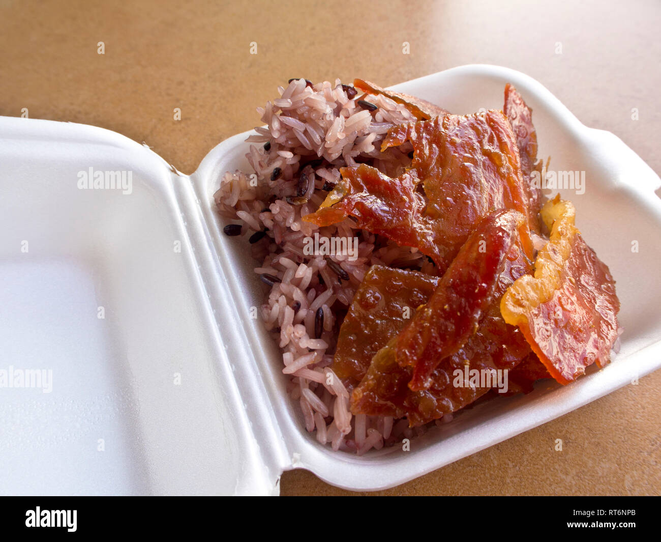 Black Sticky rice and Roast pork in foam box Stock Photo - Alamy
