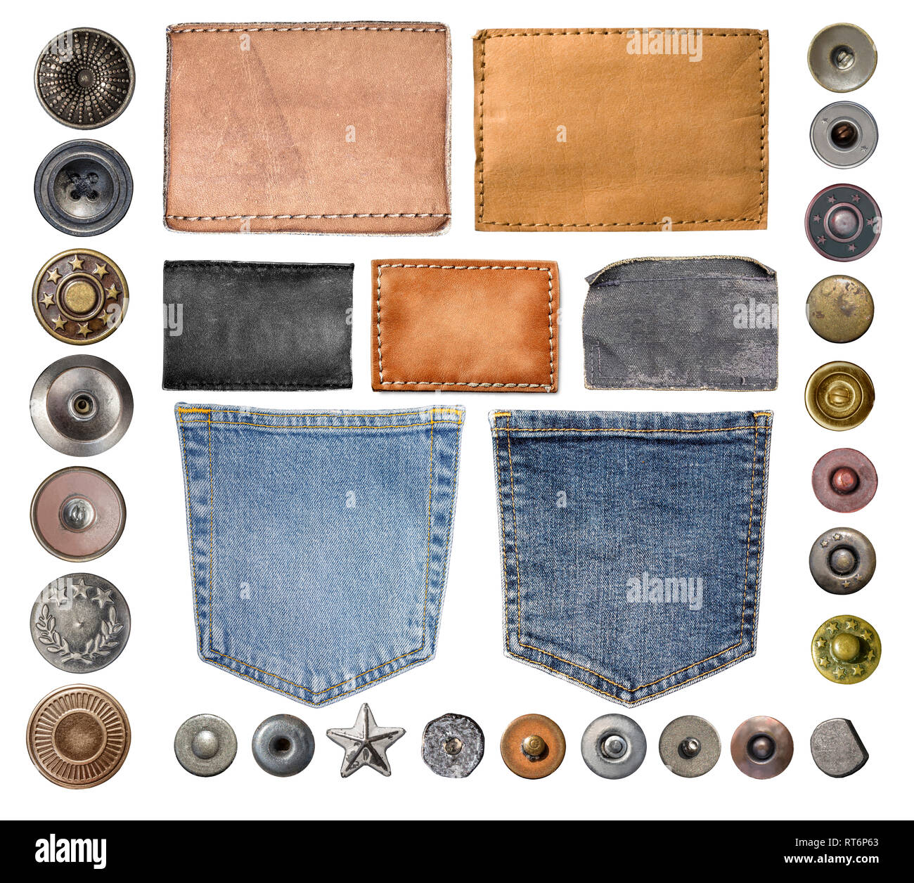 collection of various jeans parts on white background. each one is shot ...
