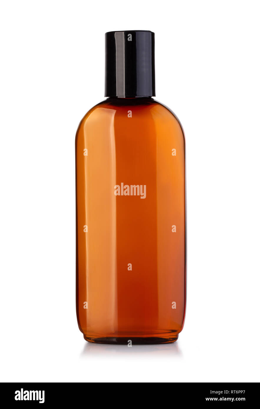 Transparent brown plastic bottle package isolated on white with ...