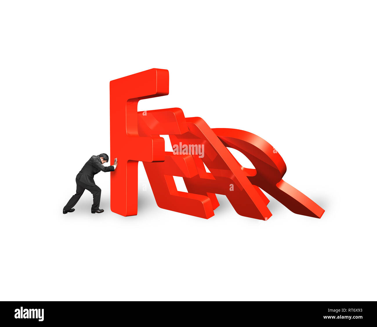 Businessman stopping domino of red fear word falling, isolated on white ...