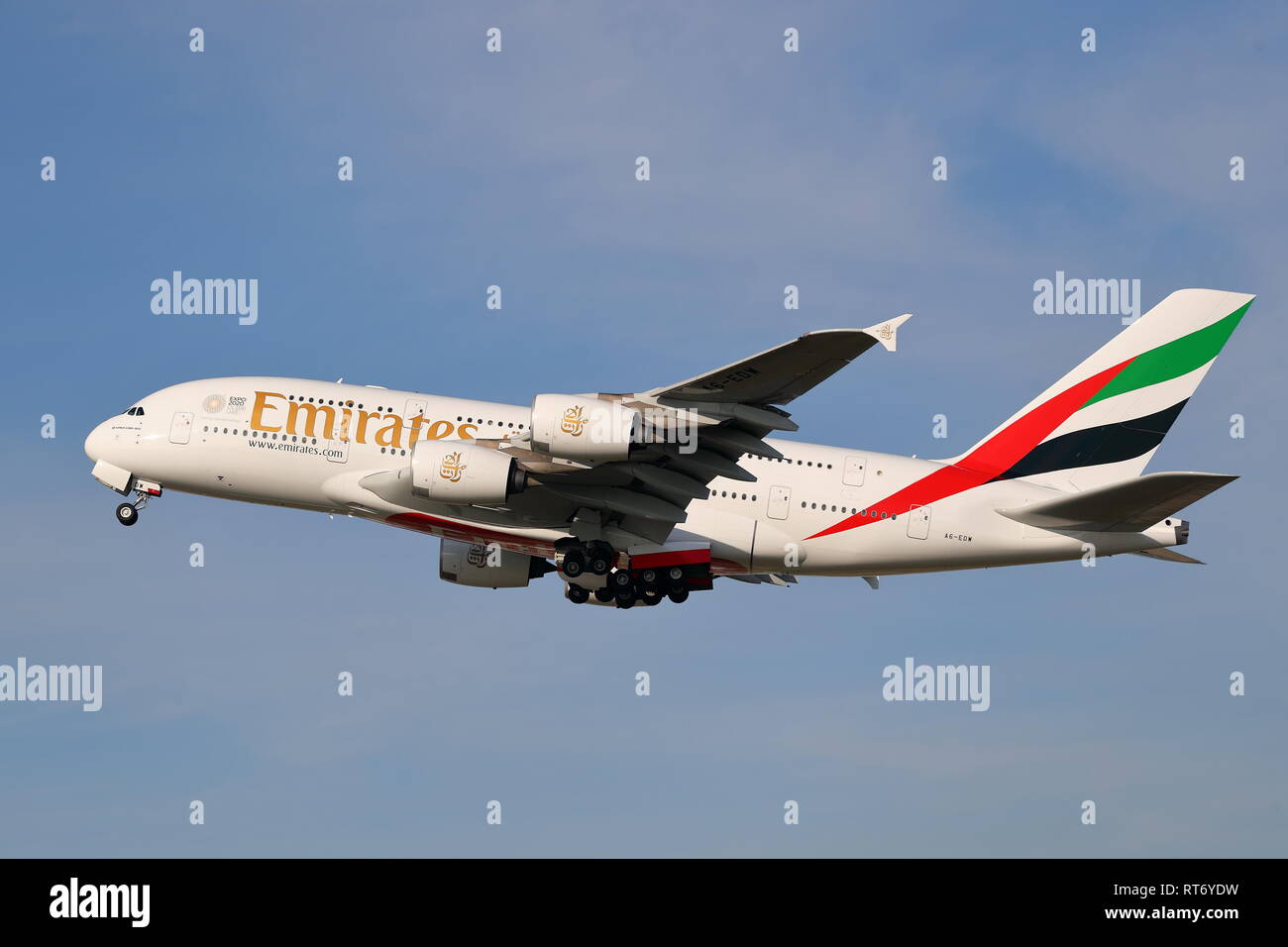 Emirates a380 taking off from heathrow airport hi-res stock photography ...