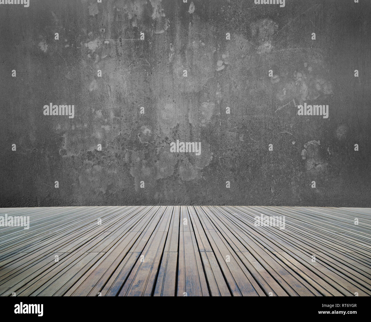 Empty room interior with mottled concrete wall and wooden floor for ...