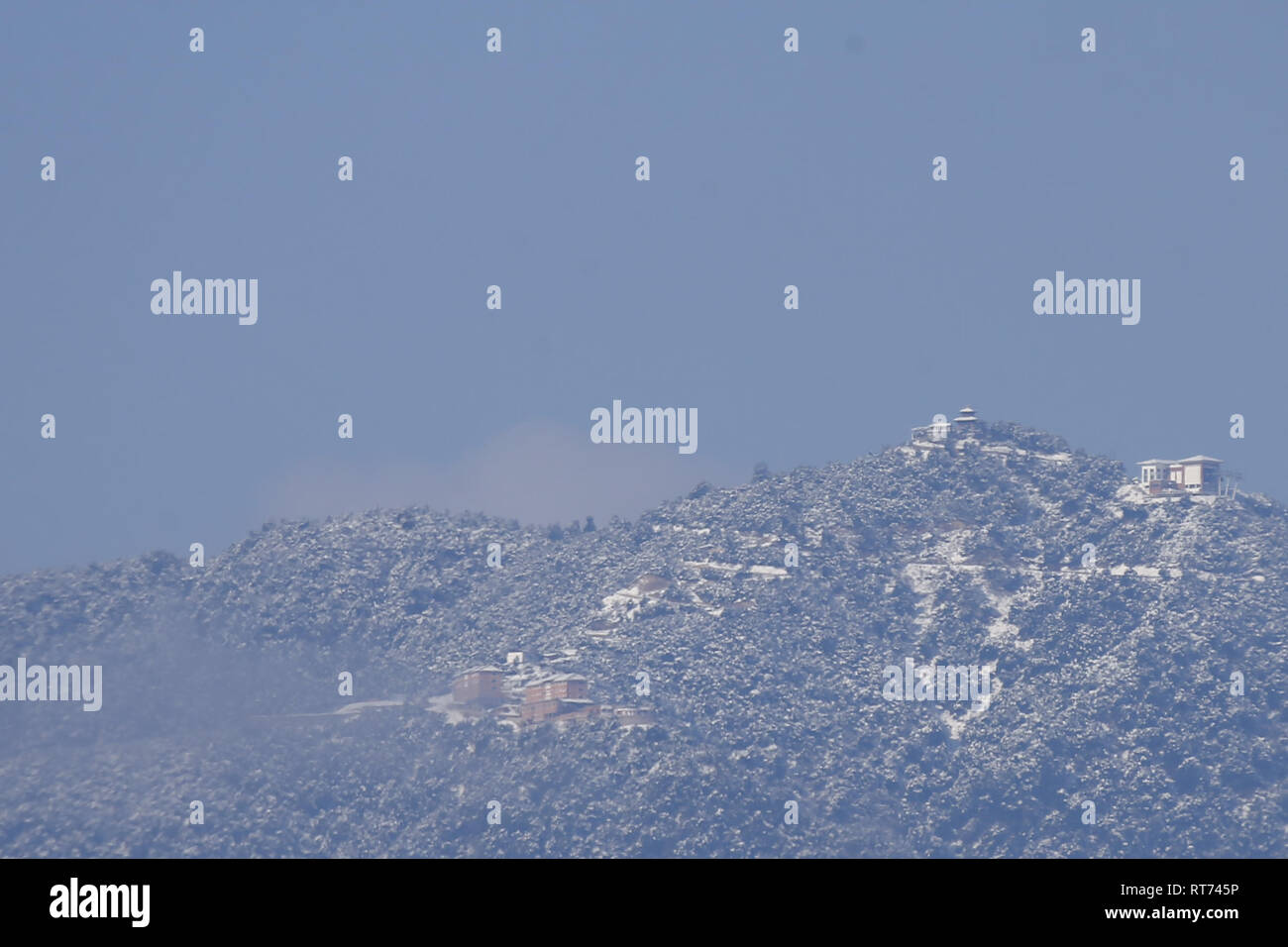 Kathmandu, Nepal. 28th Feb, 2019. Hills are covered in snow pictured ...
