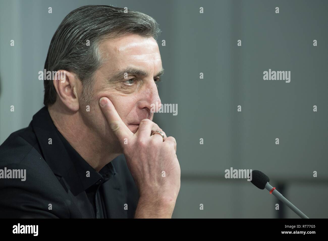 Dresden, Germany. 28th Feb, 2019. Dynamos sports boss Ralf Minge sits ...