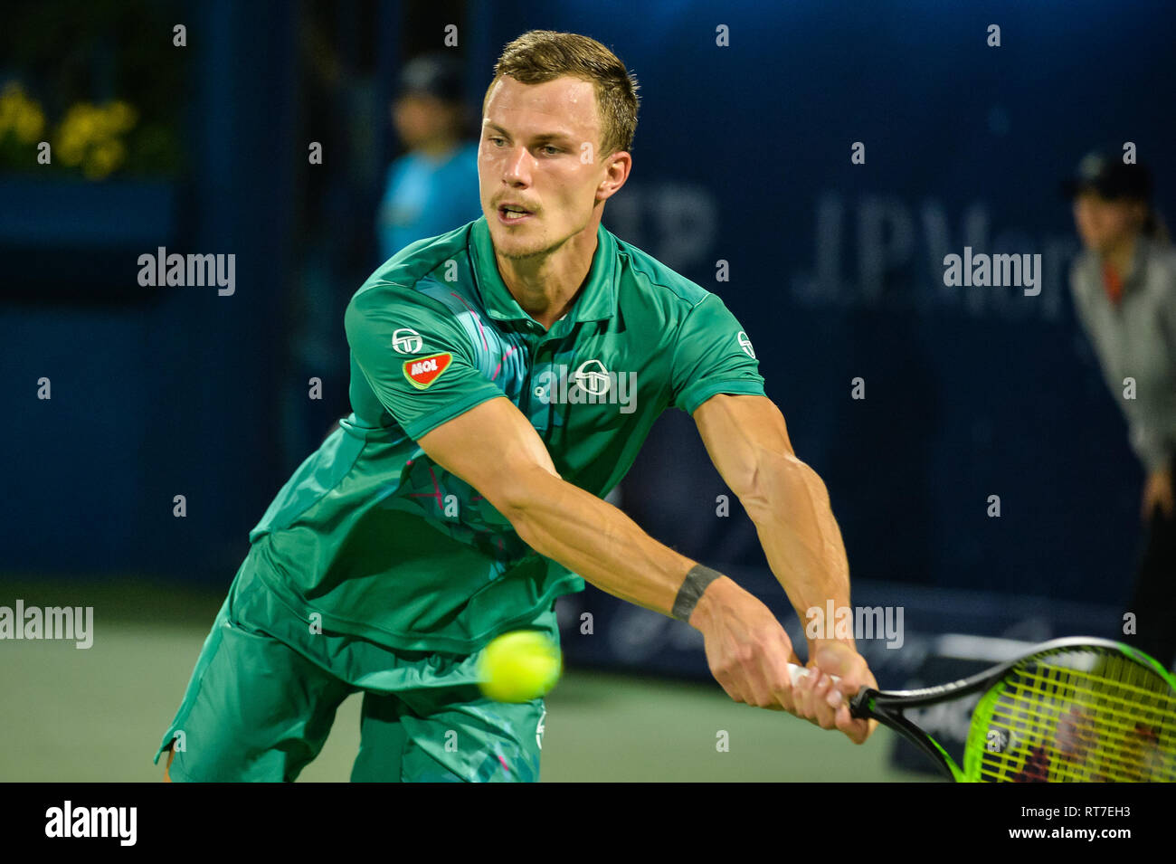Dubai, UAE. 28th February 2019. Hungarian Marton Fucsovics plays a ...