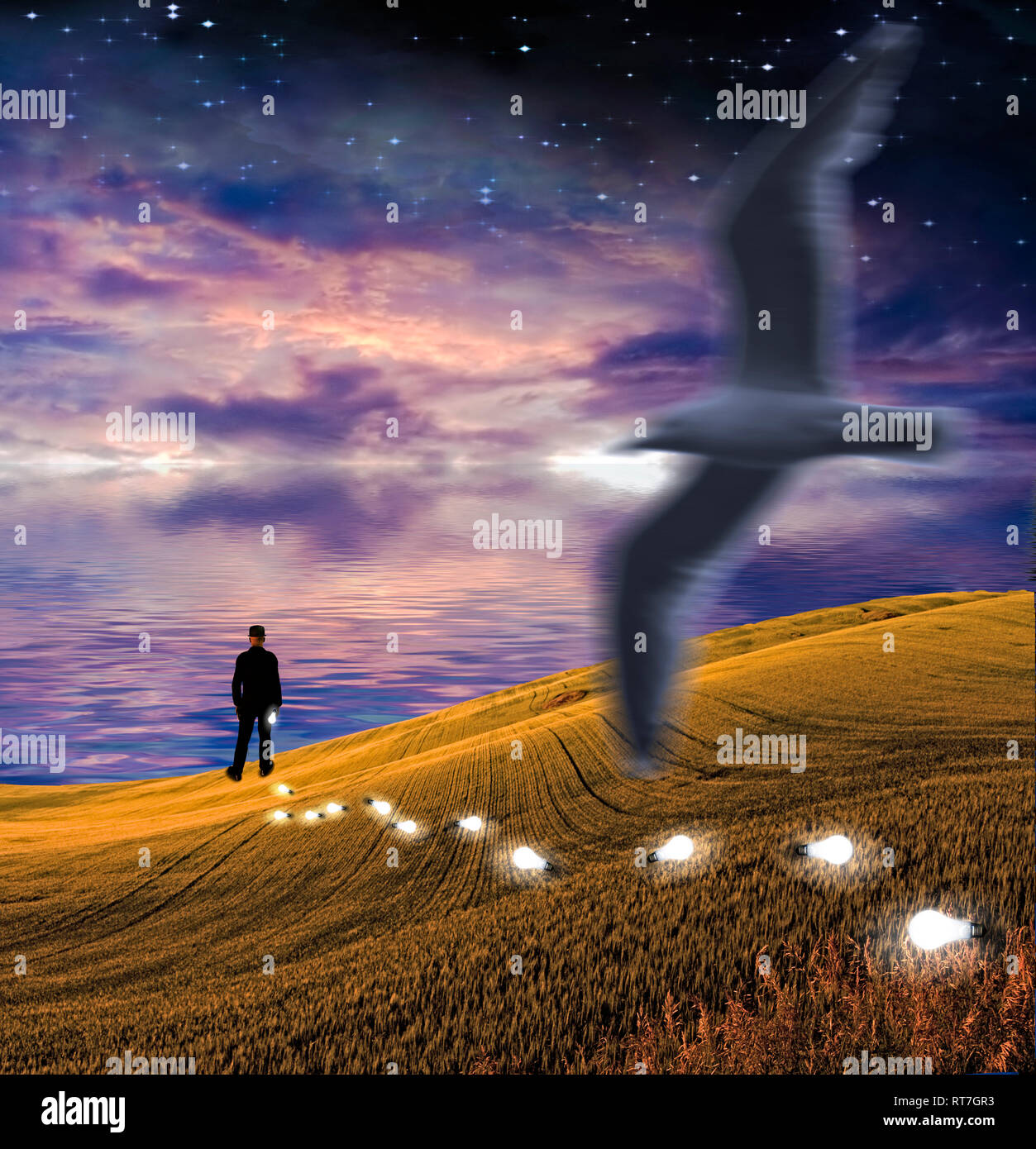 Surreal Landscape. Man in suit. Lightbulbs symbolizes ideas Stock Photo ...