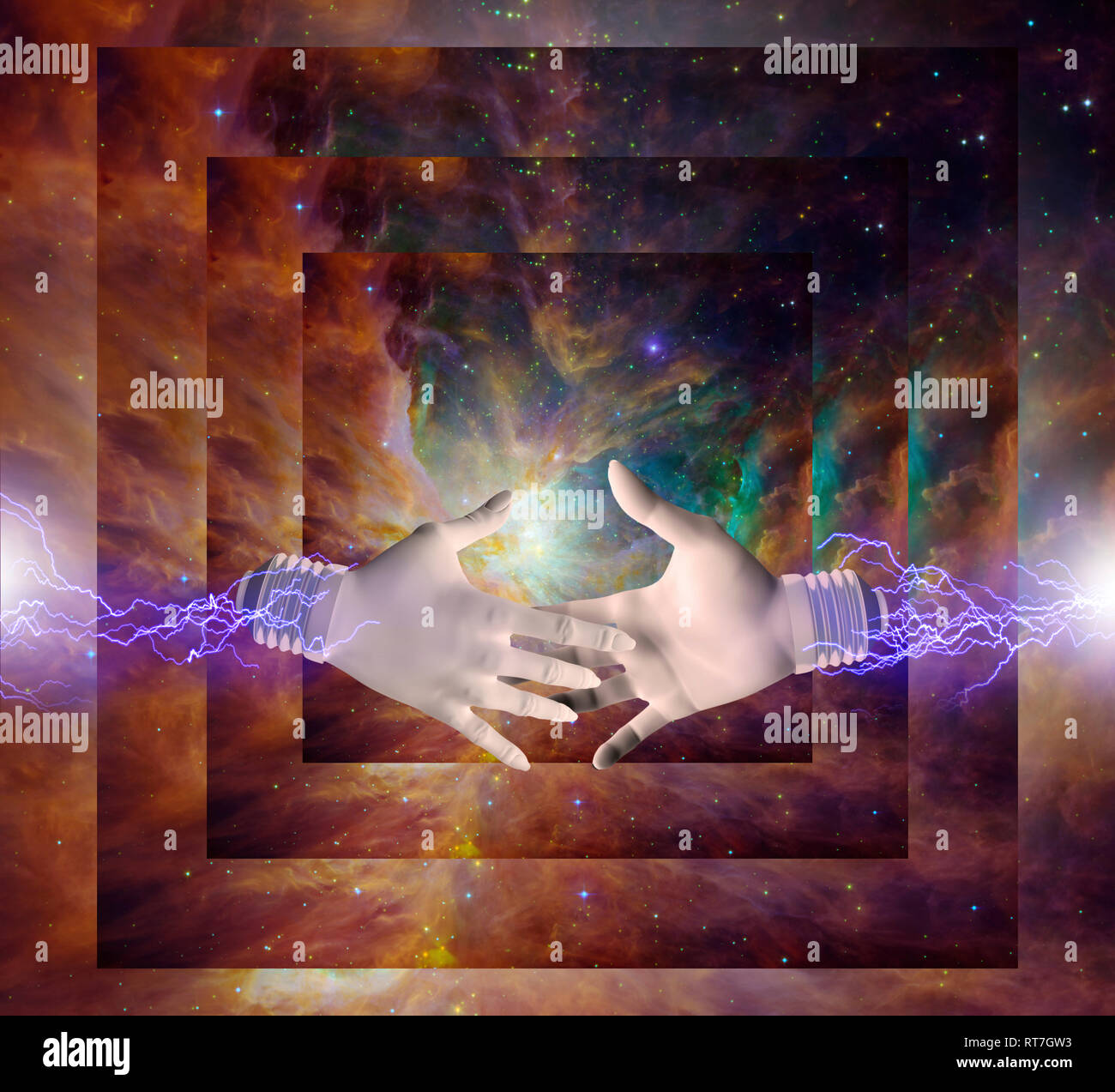 Electric hands reaching out toward one another Stock Photo - Alamy