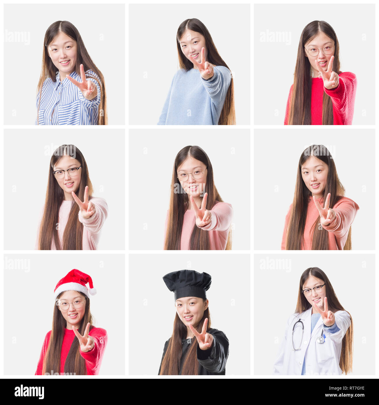 Collage of young doctor, chef asian woman isolated background smiling ...