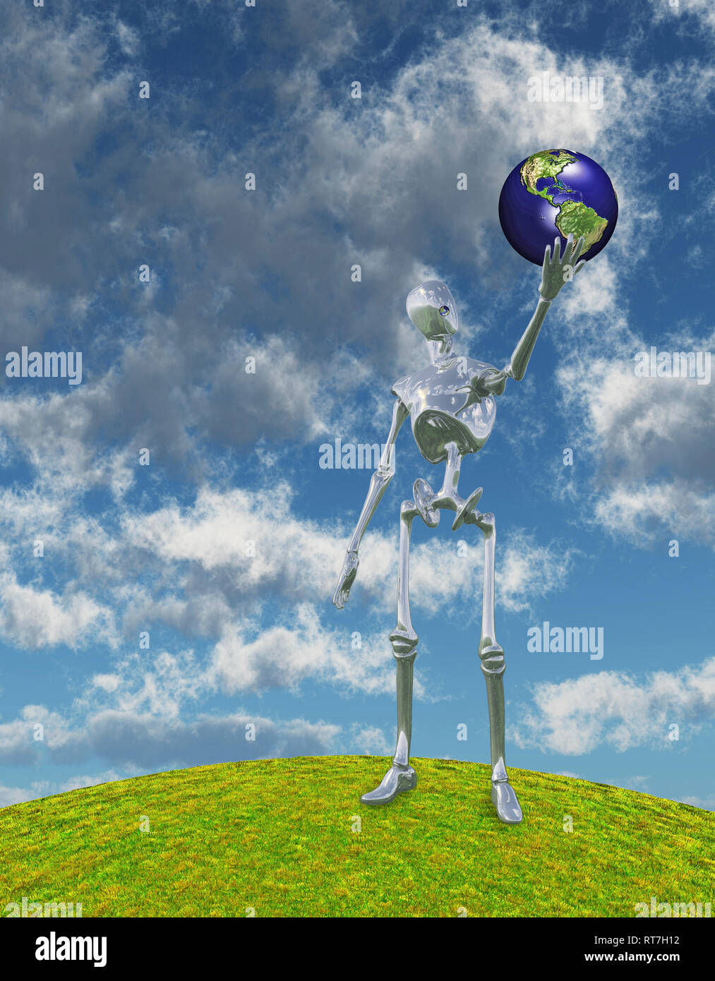 Shiny Silver Robot Stands on Hilltop Arm Outstretched Holding Earth ...