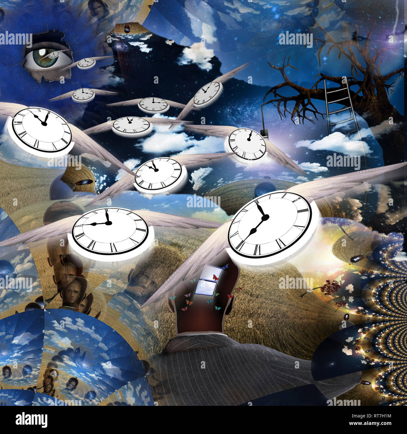Dreamlike Illustration. Winged clocks represents flow of time Stock ...