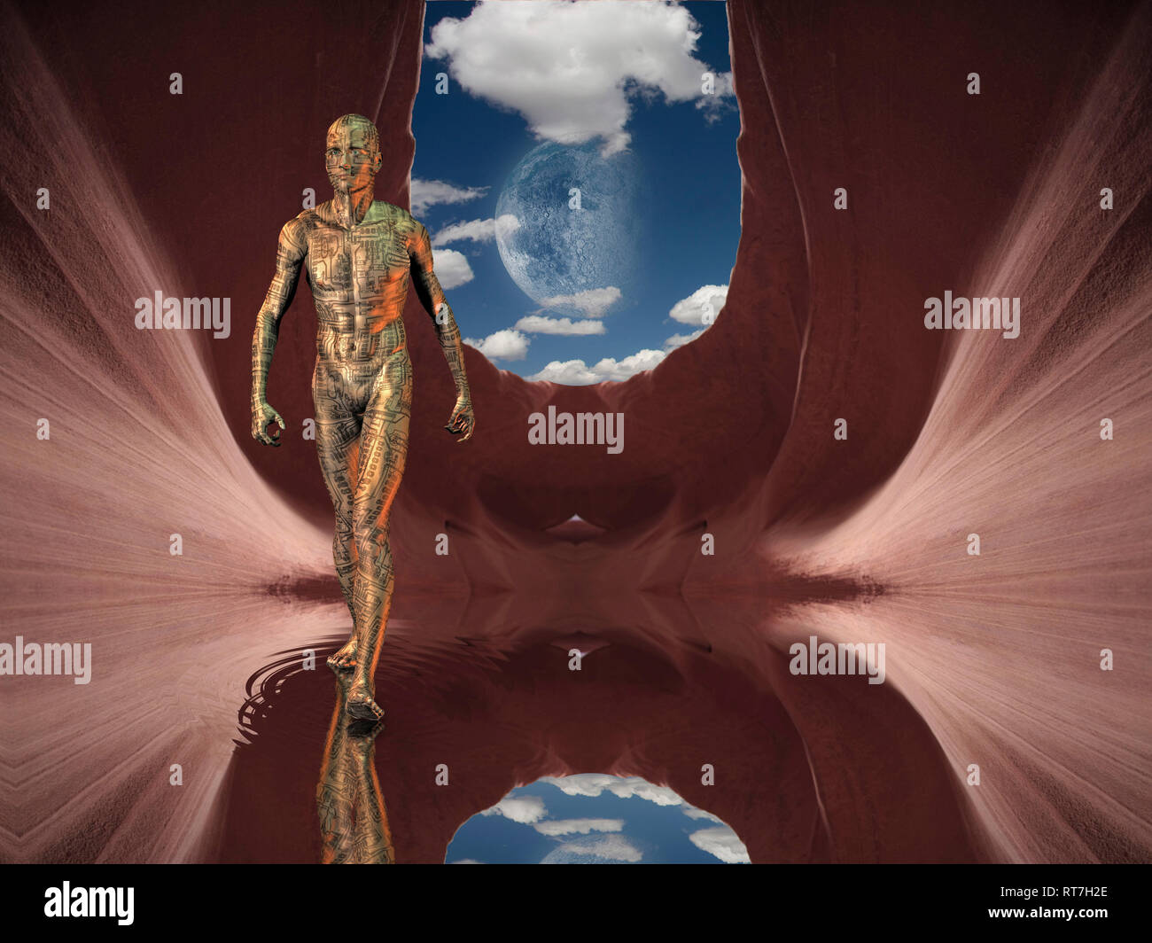 Cyborg in surreal cave Stock Photo - Alamy
