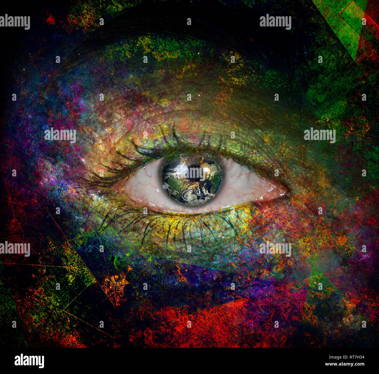 Surrealism. Woman's eye with galaxies Stock Photo - Alamy