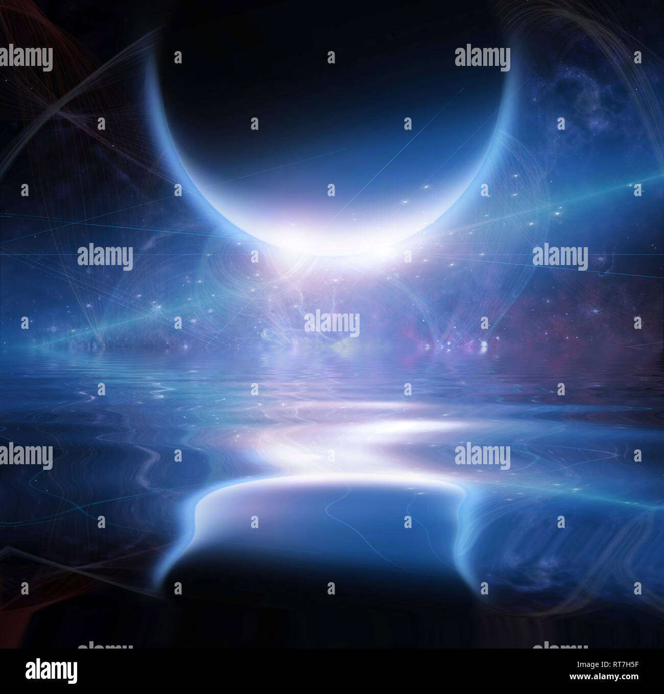 Exosolar Planet Rise over quiet waters Stock Photo - Alamy