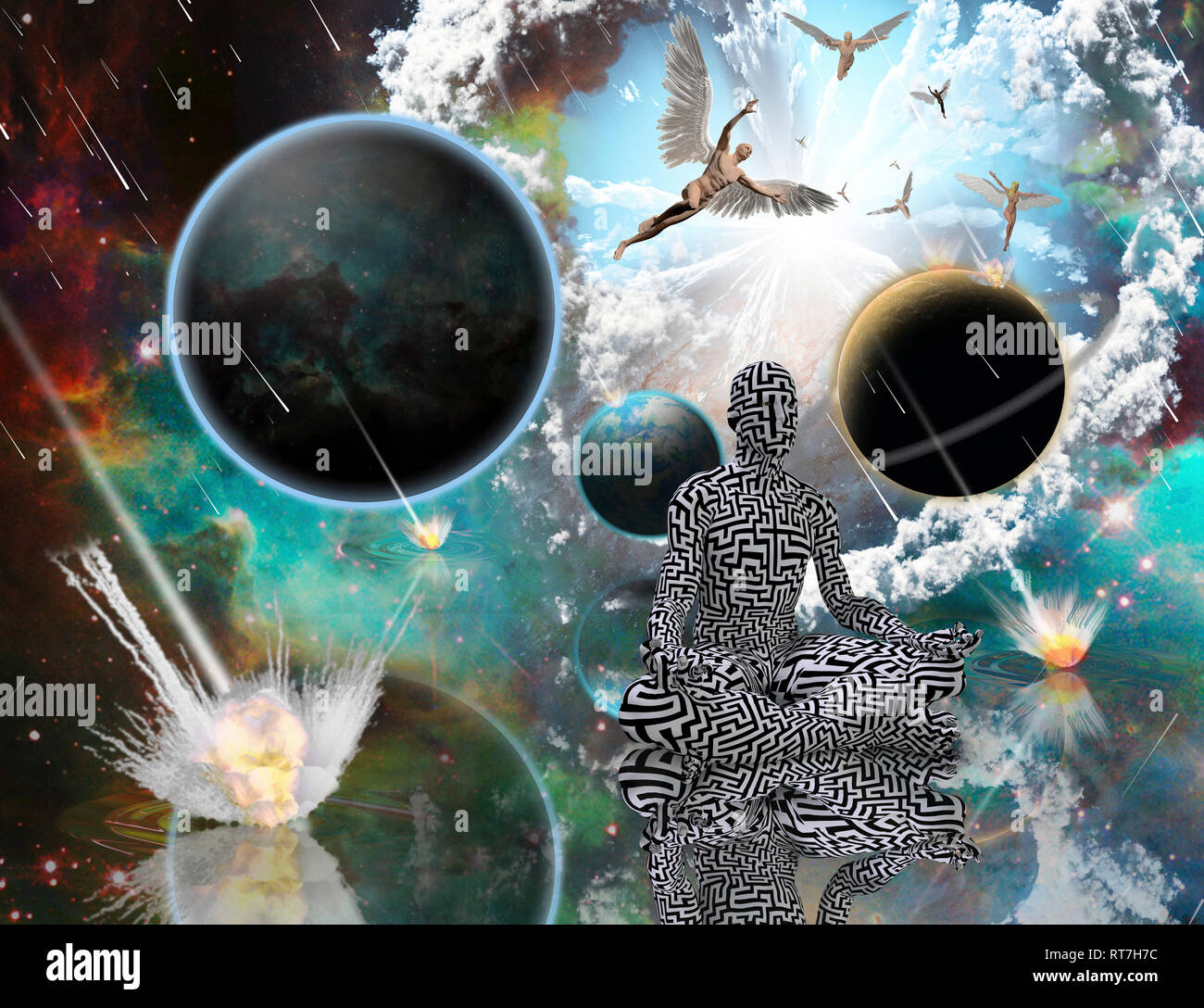 Planetary Armageddon. Man with maze pattern in lotus pose Stock Photo ...