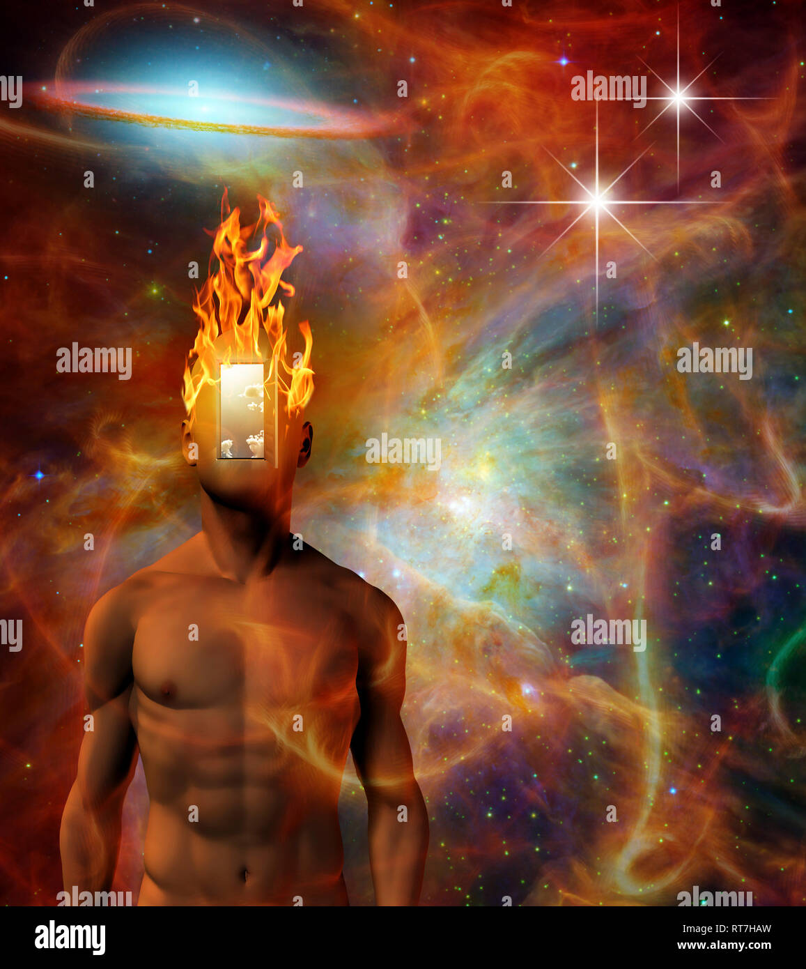 Surreal composition. Burning mind in cosmic space Stock Photo - Alamy