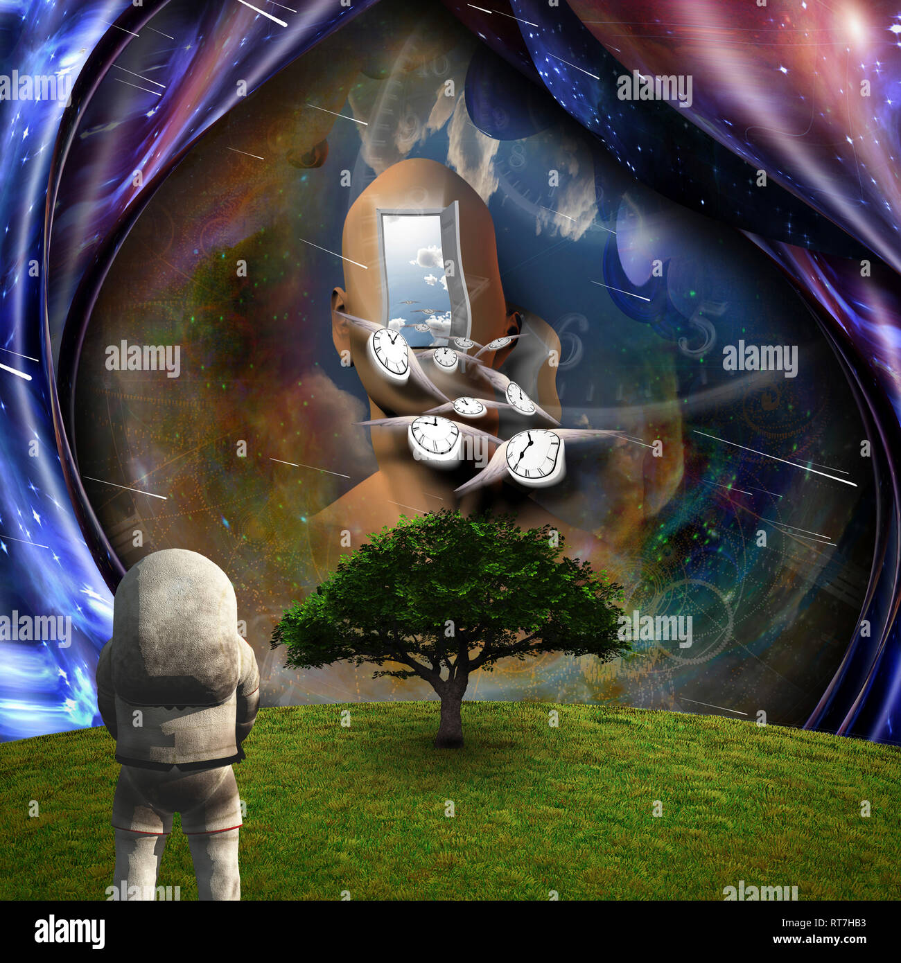Surrealism. Flow of Time through space. Astronaut in the green field ...