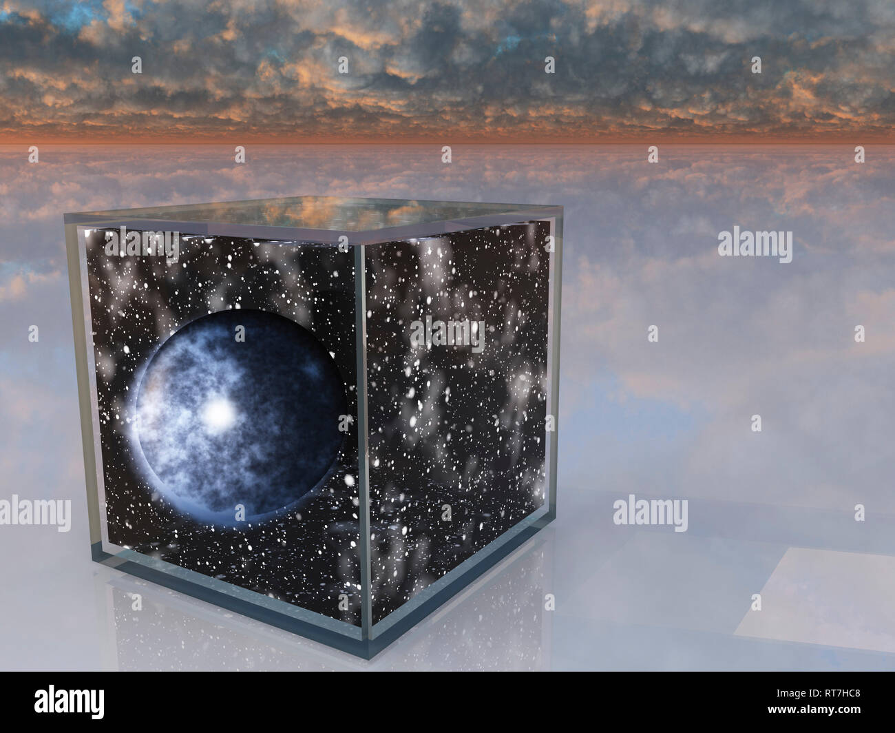 Planet and space inside box in surreal scene Stock Photo - Alamy