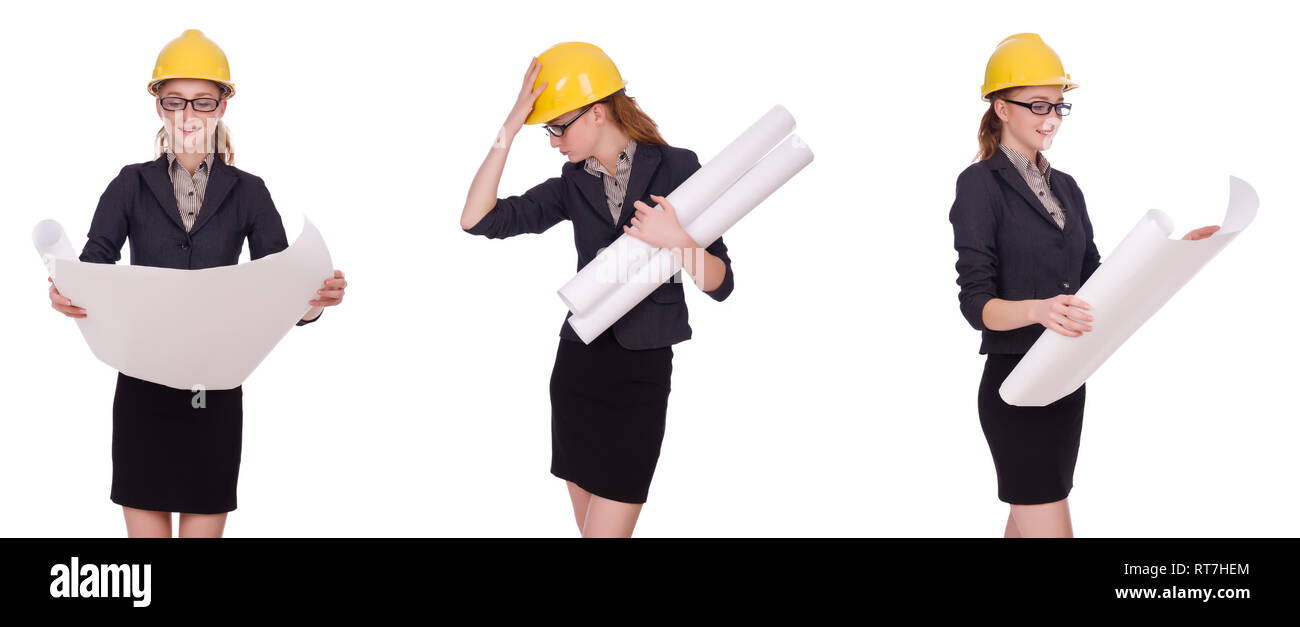 Female architect with blueprint isolated in white Stock Photo - Alamy
