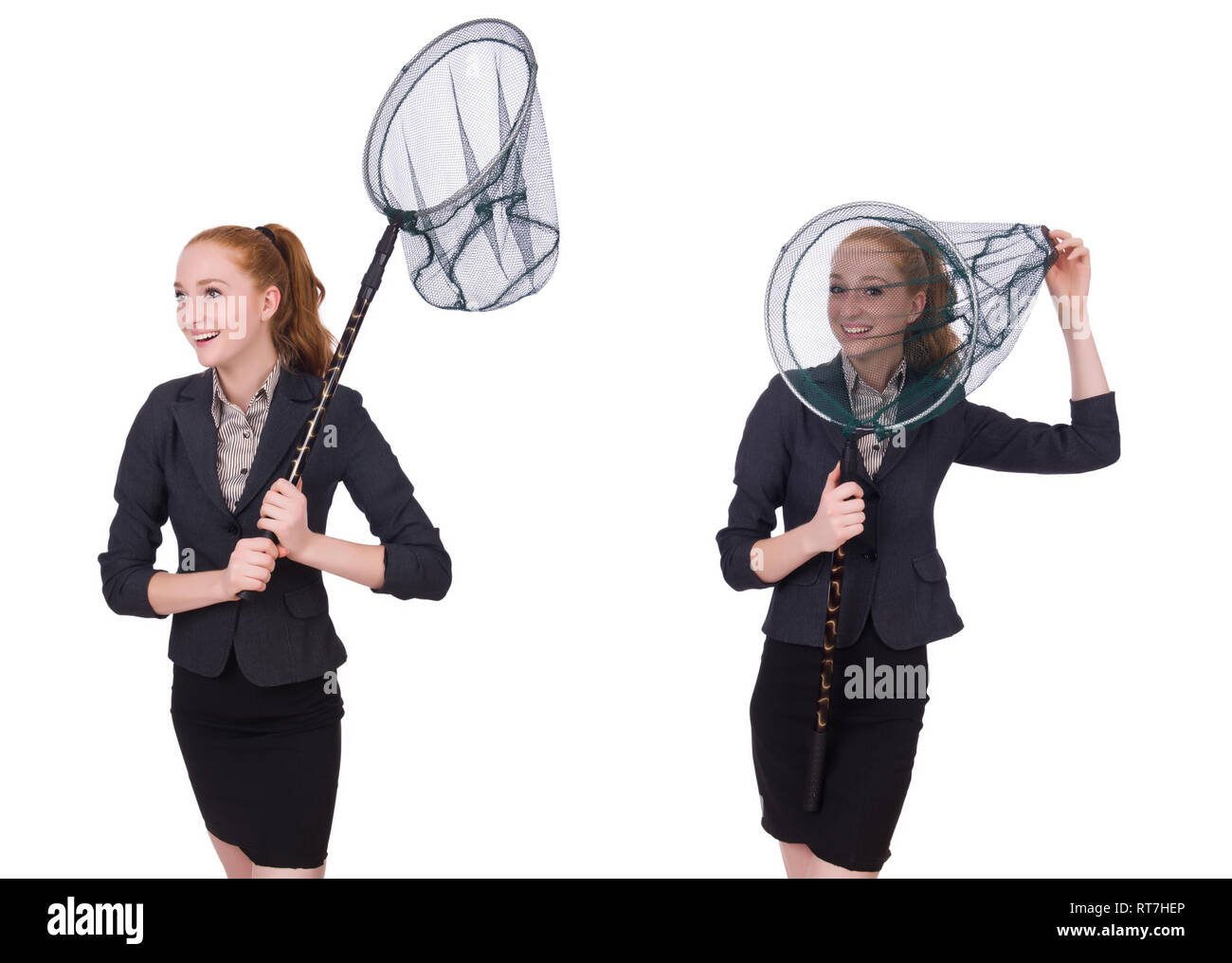Woman with net isolated on white Stock Photo - Alamy