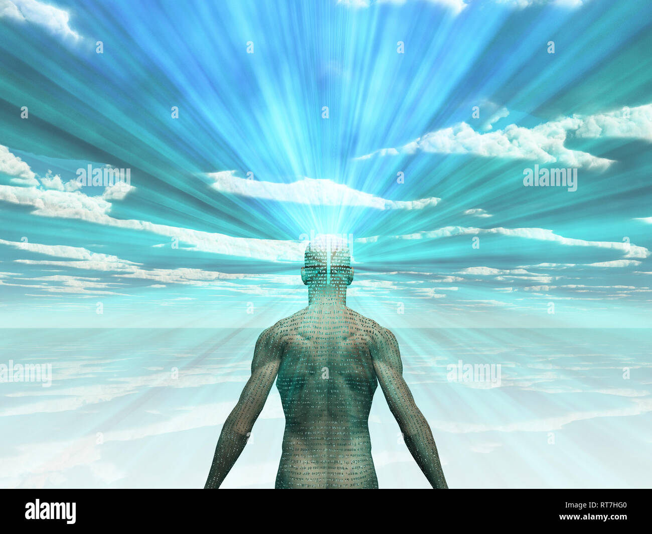 Man covered in text with light radiating from mind Stock Photo - Alamy