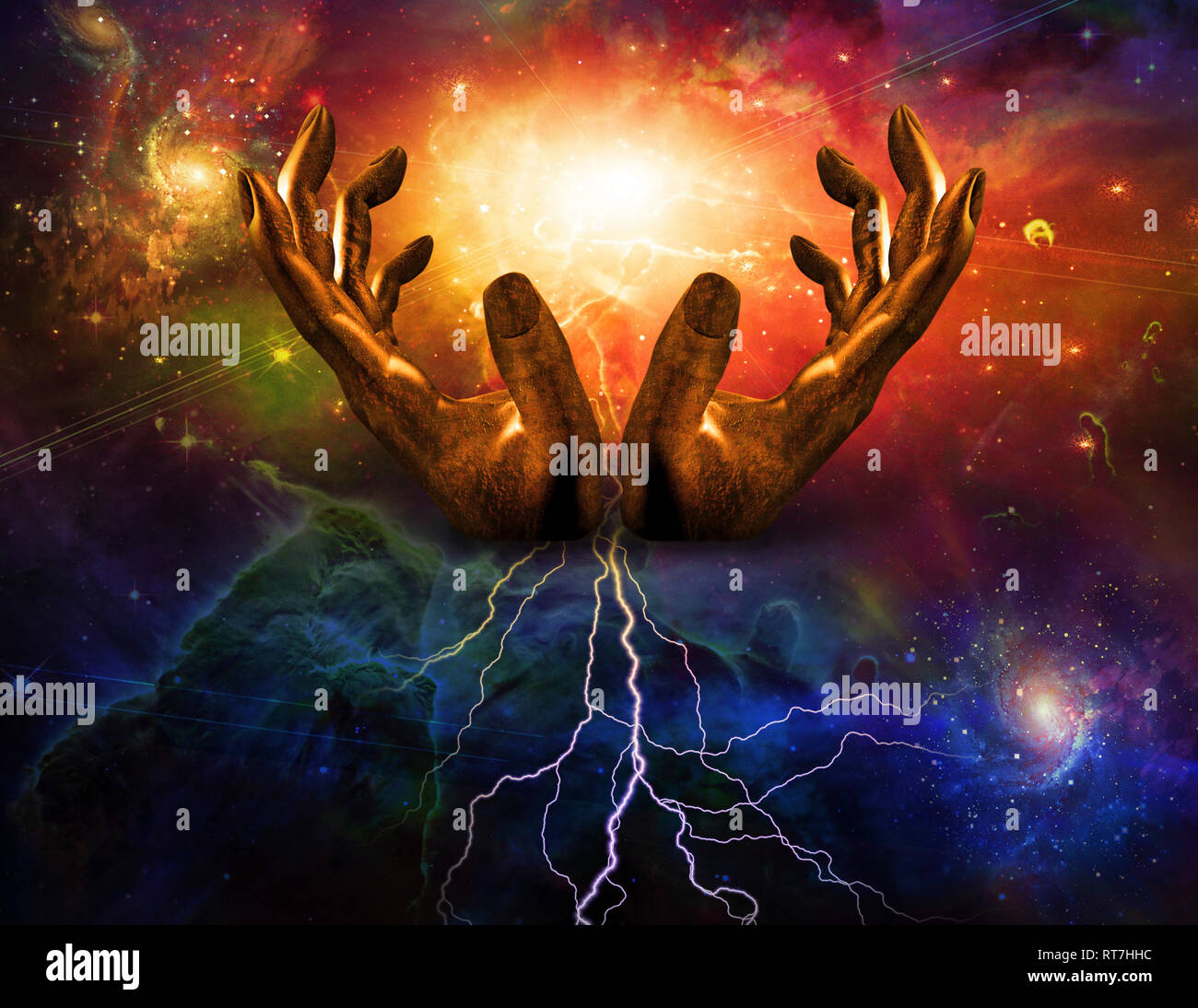 Hands and lightning Stock Photo - Alamy