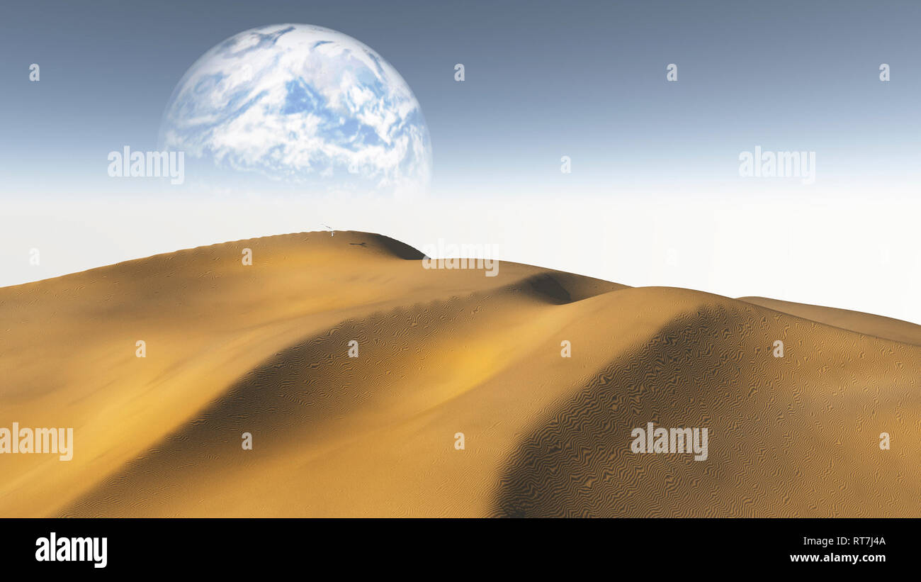 Amber sand desert with terraformed moon or Earth from terraformed moon ...