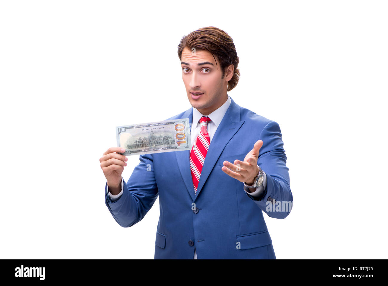 Elegant man with banknote isolated on white Stock Photo - Alamy