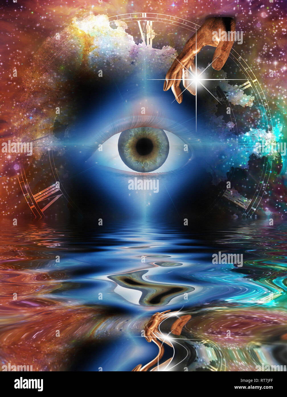 Surreal digital art. Eye and hand of God reflected in water surface ...