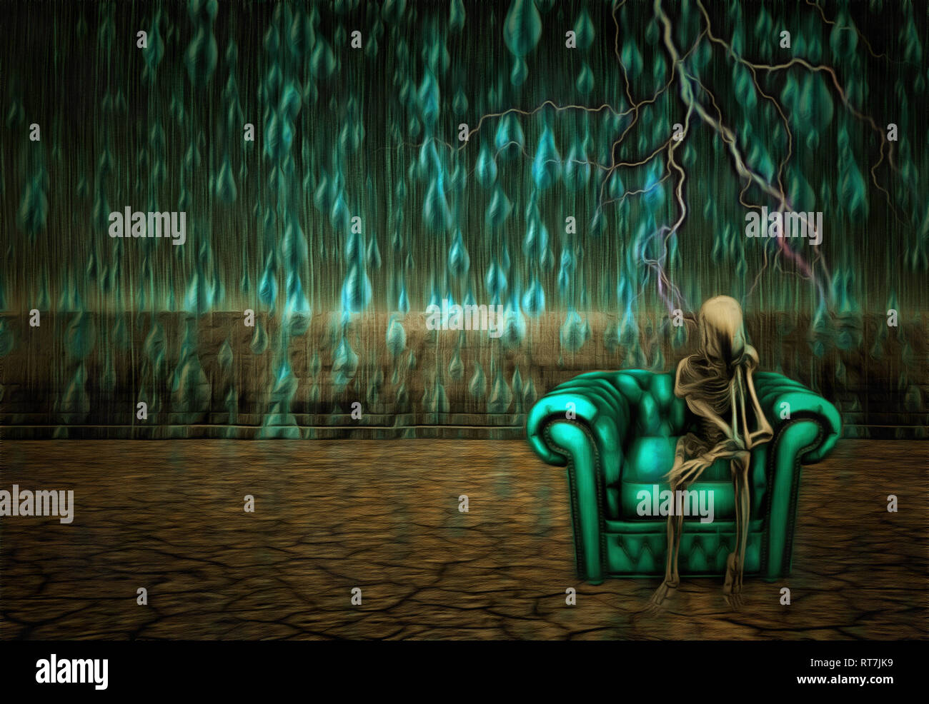 Alien skeleton sits on a armchair in pose of thinker. Rain fals down on ...