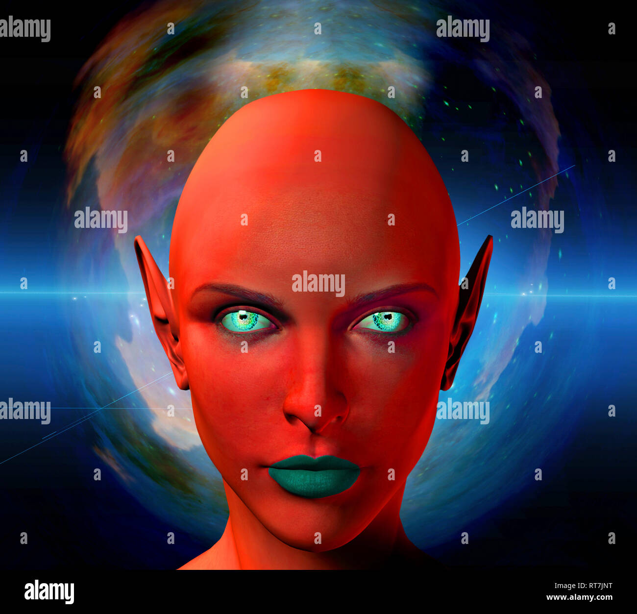 The face of female alien. Colorful universe on a background Stock Photo ...