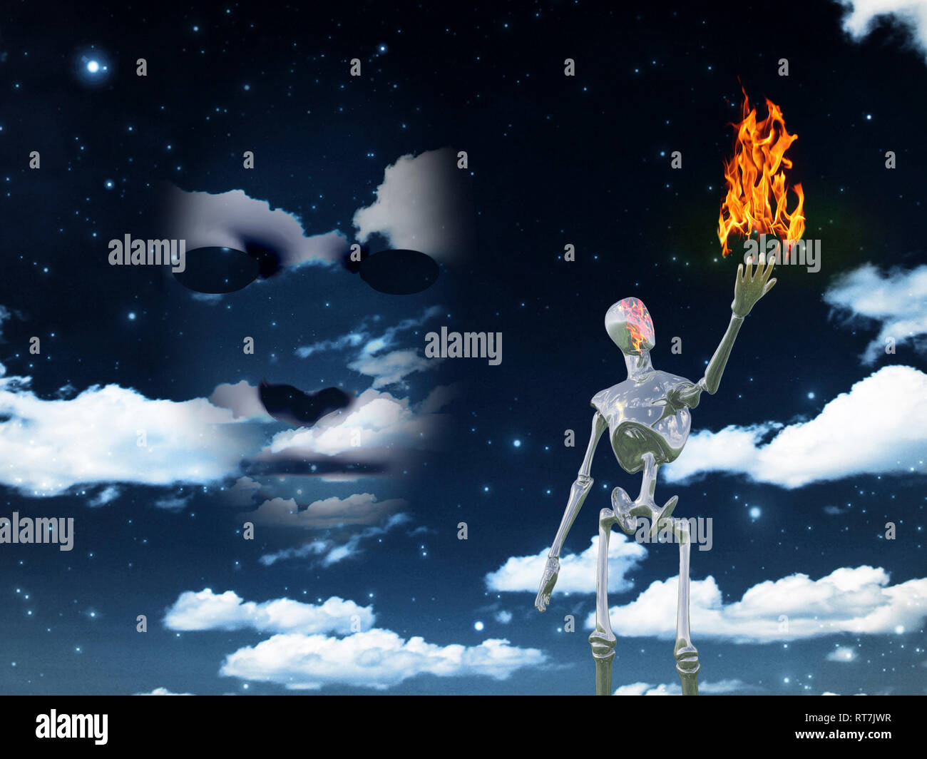 Alien bringing fire in universe Stock Photo - Alamy