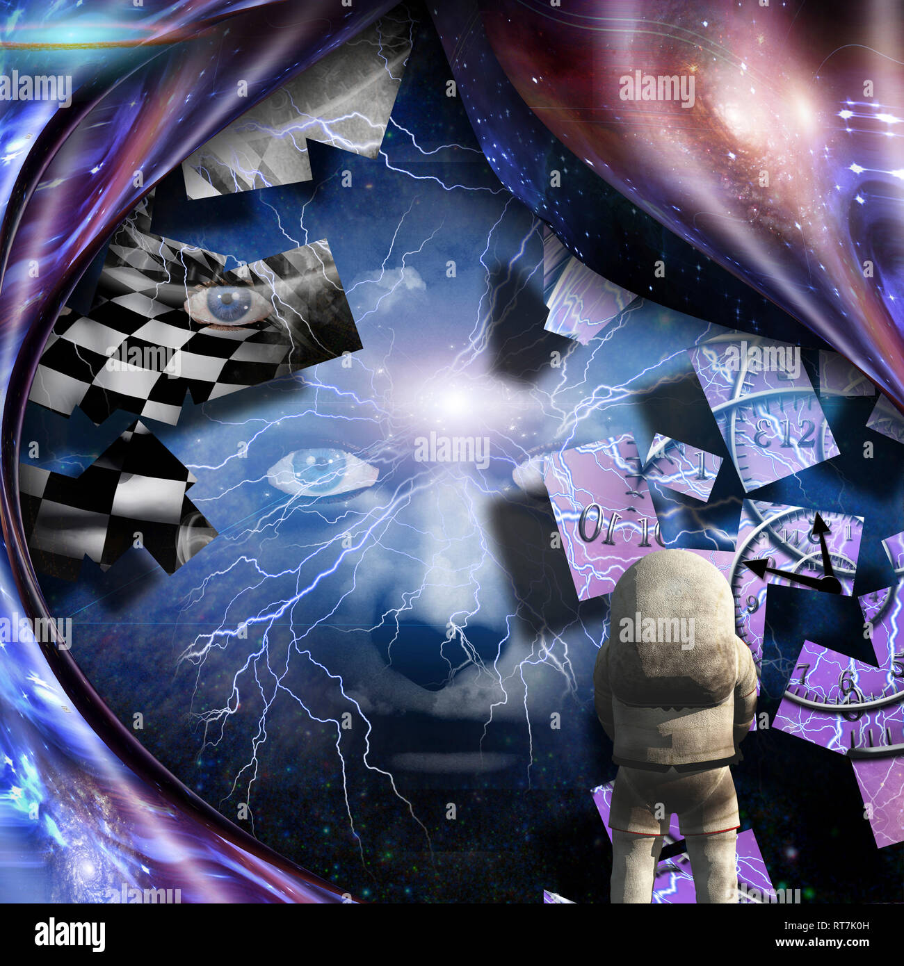 Spirals of time and warped space. Astronaut. Woman's face with ...