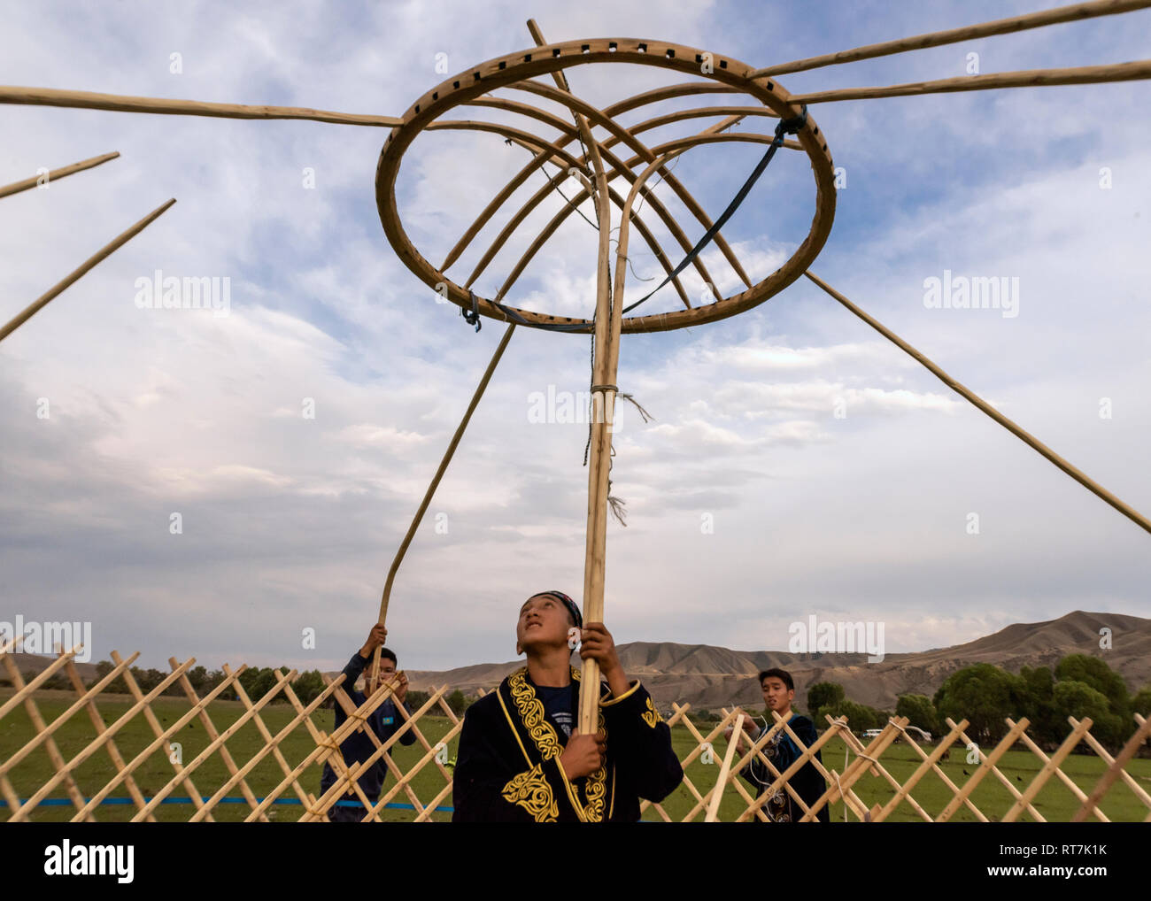 Fitting the bent roof poles into the holes on the rim of the shangyrak ...
