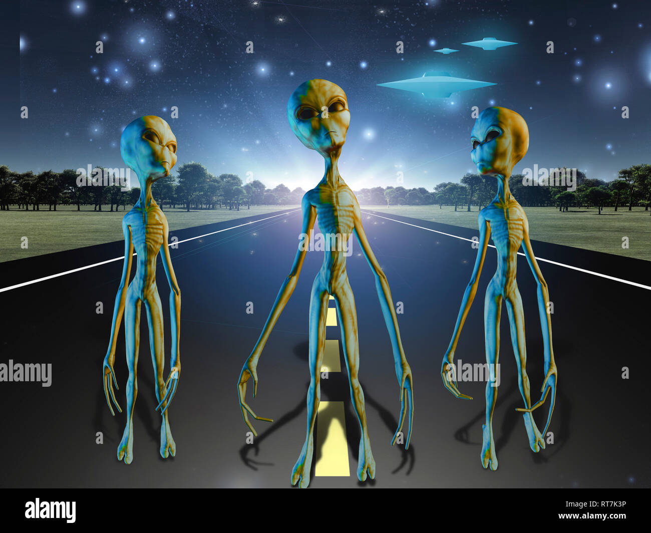Aliens on country road. Spacecrafts in the starry sky Stock Photo - Alamy